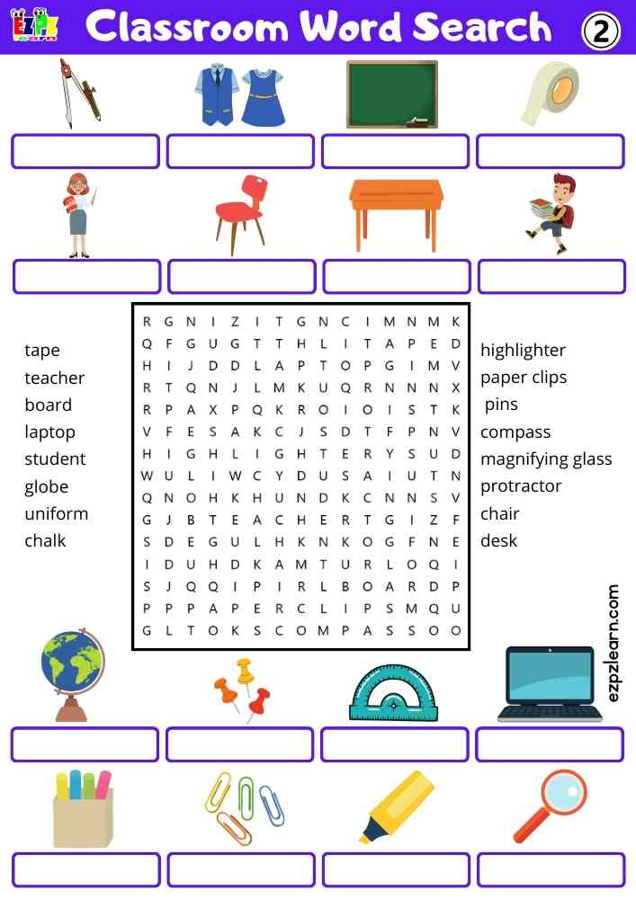 Classroom Objects Word Search Worksheet – Fun School Vocabulary Activity PDF Set 2 - Ezpzlearn.com